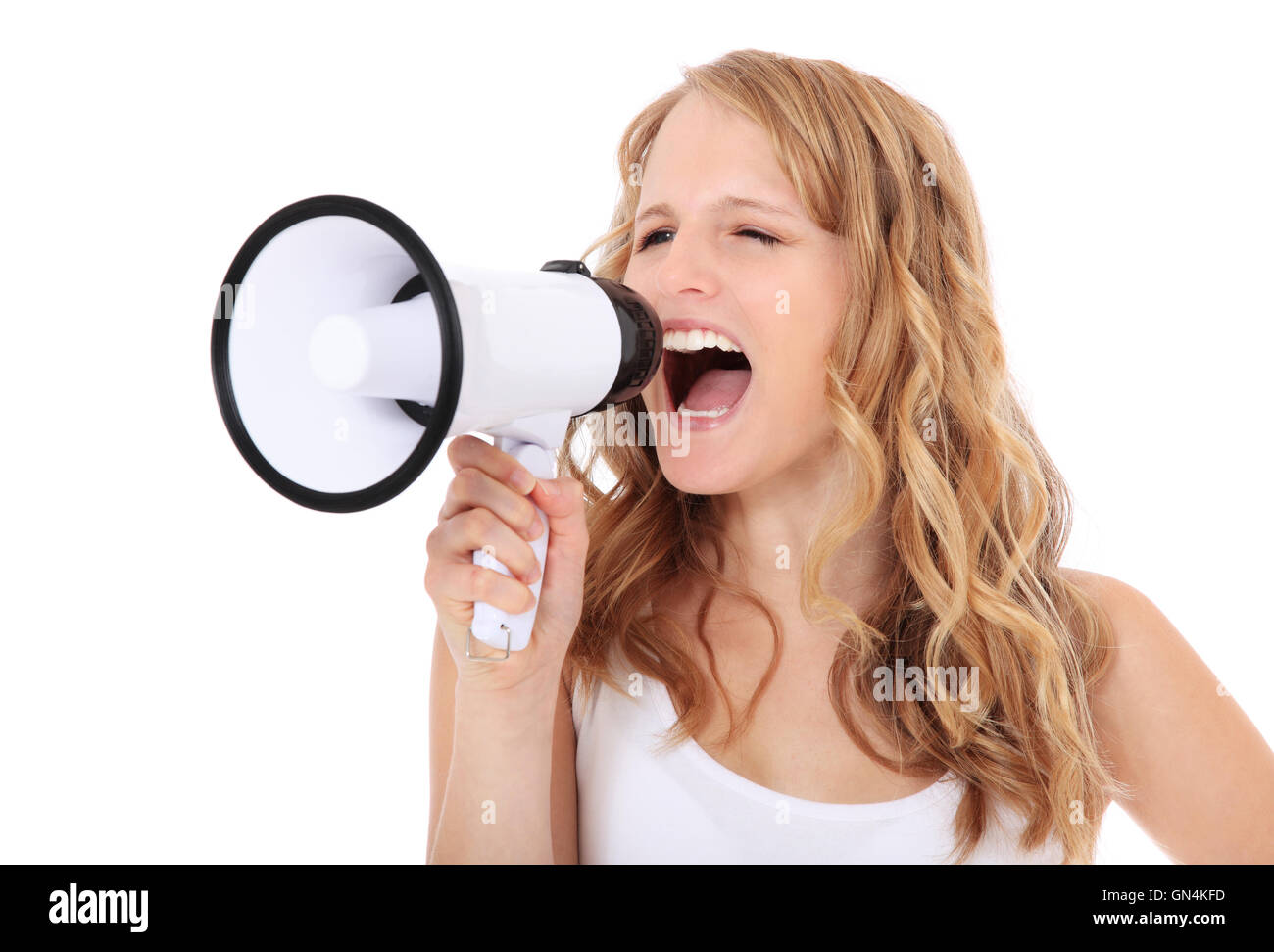 Woman using megaphone Stock Photo - Alamy