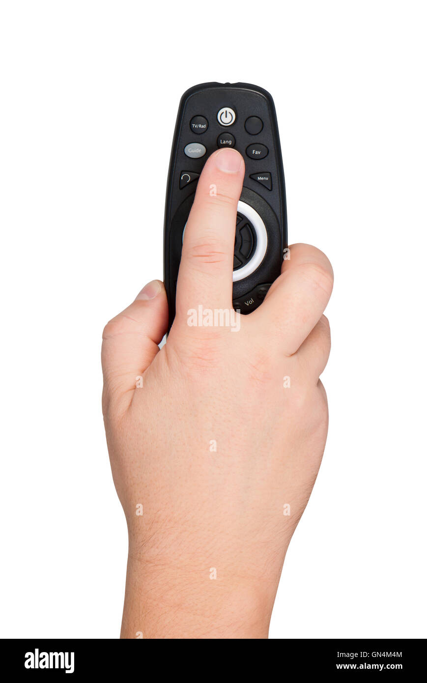 Hand holding TV remote control isolated over white Stock Photo - Alamy