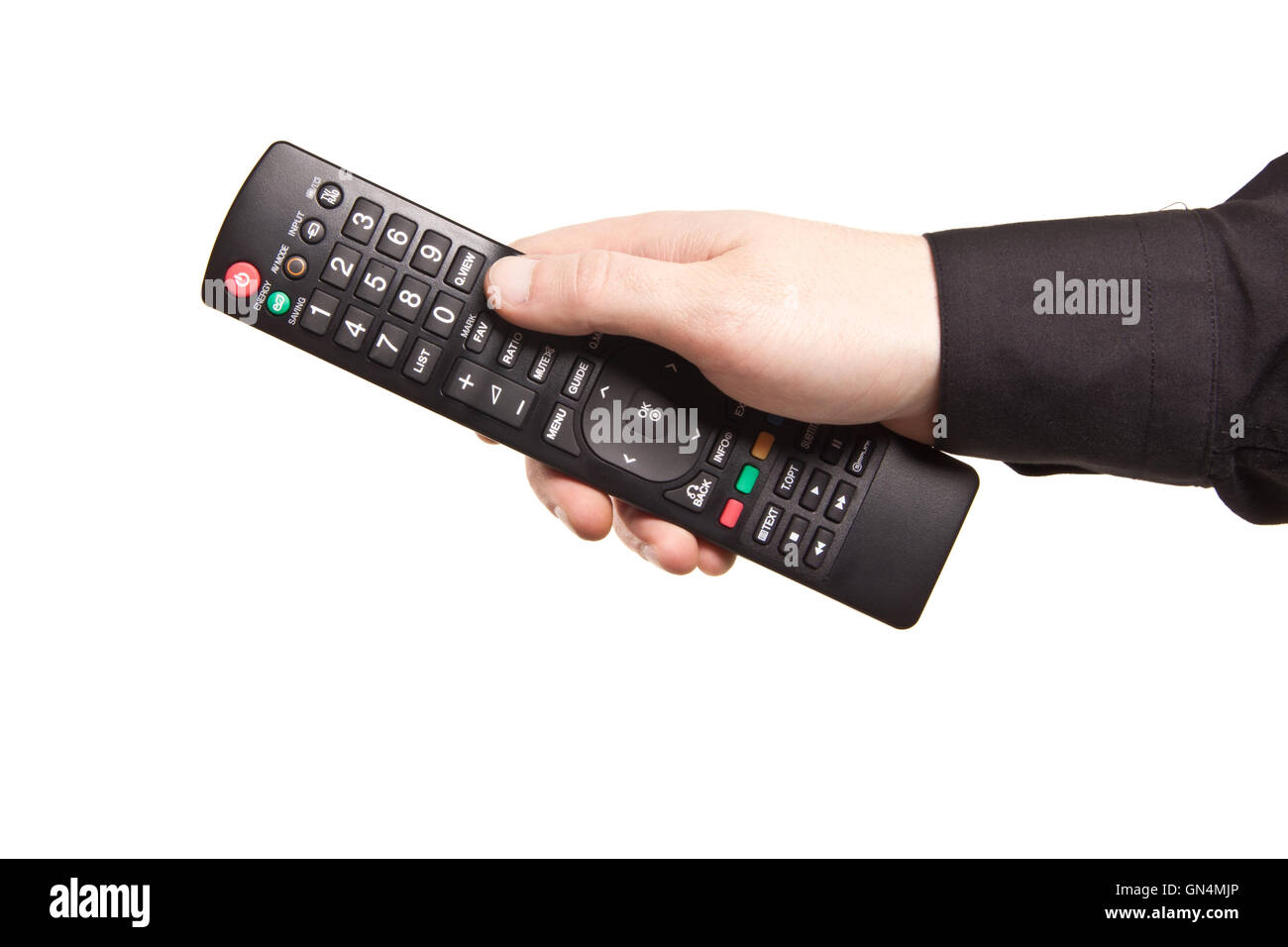 Hand with TV remote control isolated Stock Photo - Alamy