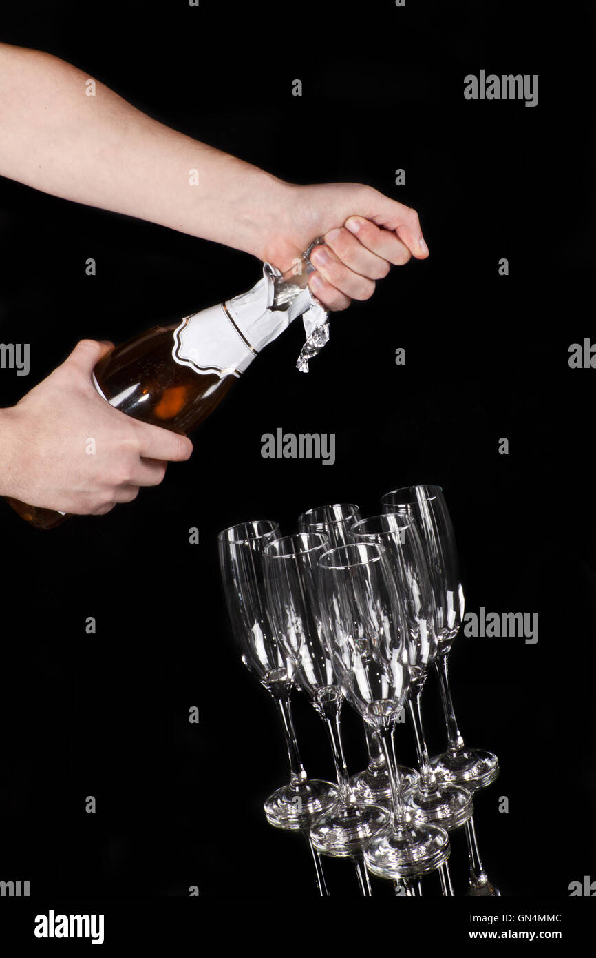 man hands opening champagne bottle Stock Photo - Alamy