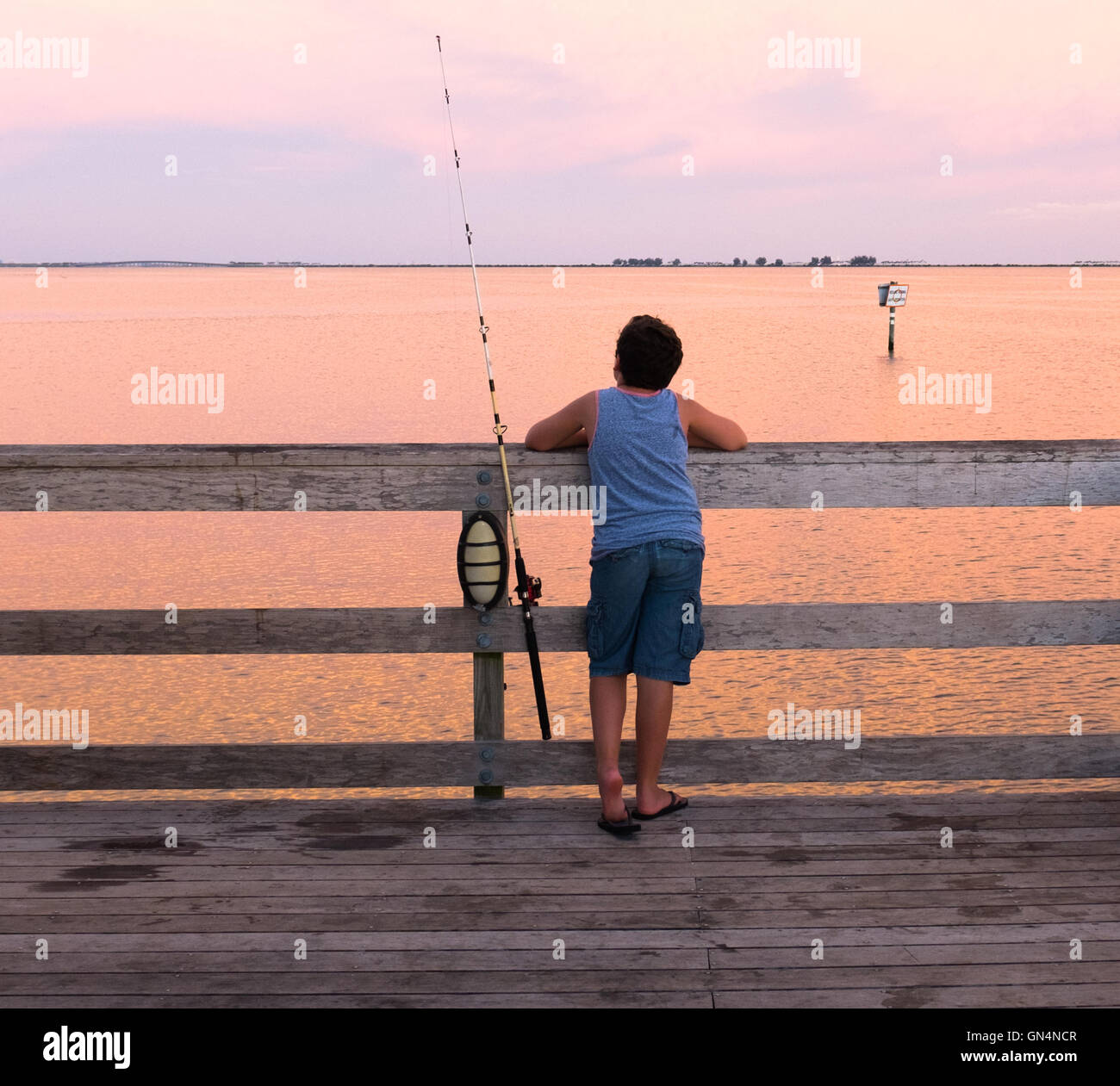 Young boy fishing at the Safety Harbor Marina fishing pier, Florida ...