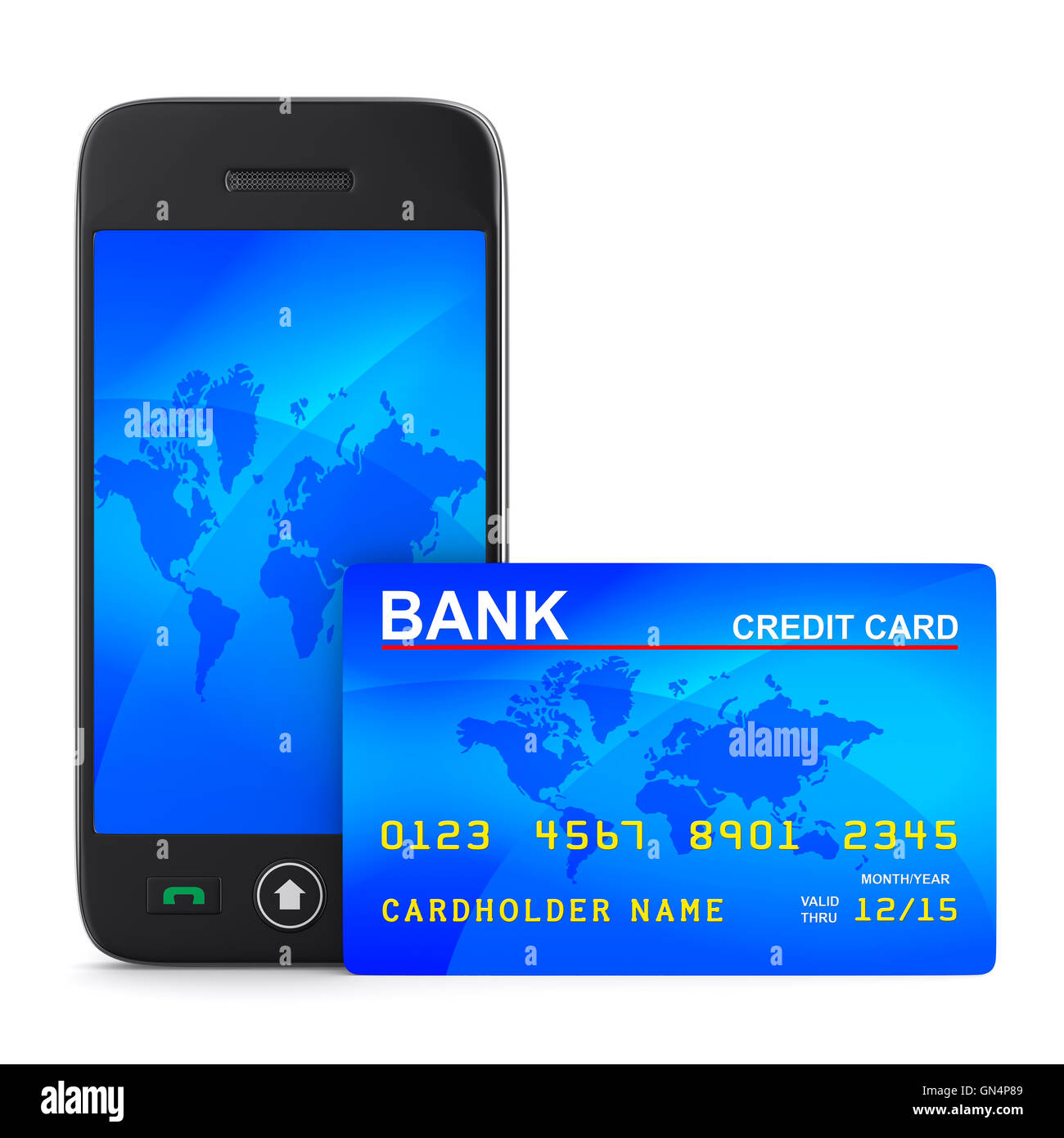phone and credit card on white background. Isolated 3D image Stock ...