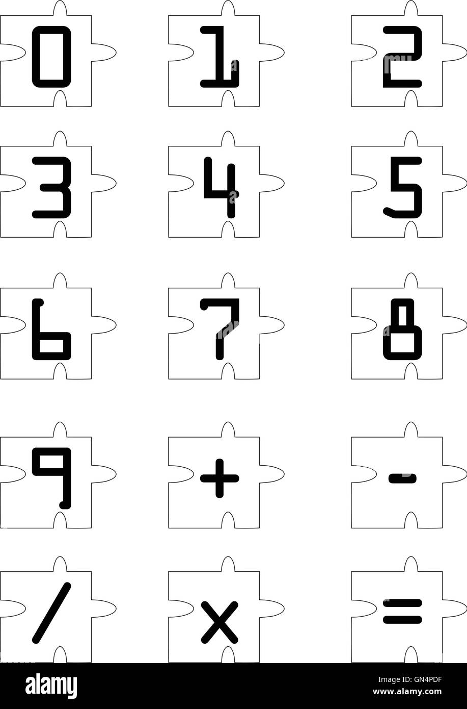 Numbers and math signs in clear white interlocking jigsaw puzzle pieces ...