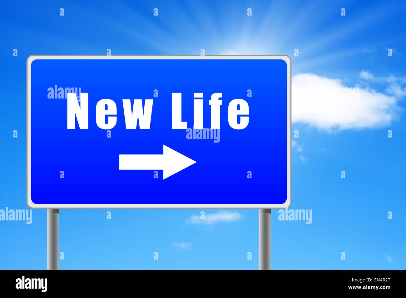 New life road sign with arrow on sky background Stock Photo - Alamy