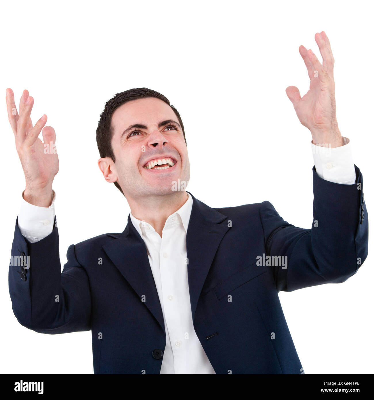 Portrait of happy business man raising hands Stock Photo - Alamy