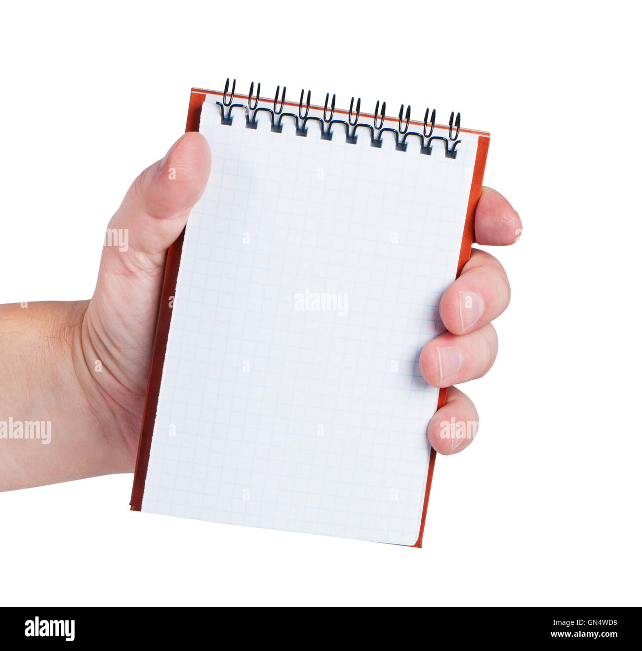 Hand holds notebook isolated on white background Stock Photo - Alamy
