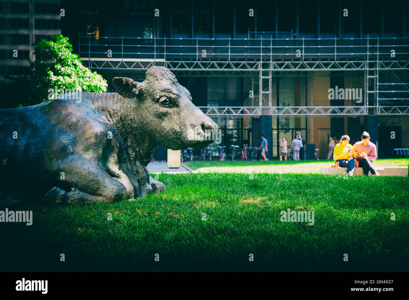 art statue of a cow in downtown Toronto lying in grass with people in ...