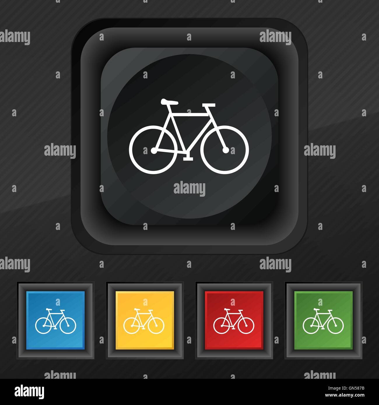 bicycle icon symbol. Set of five colorful, stylish buttons on black ...