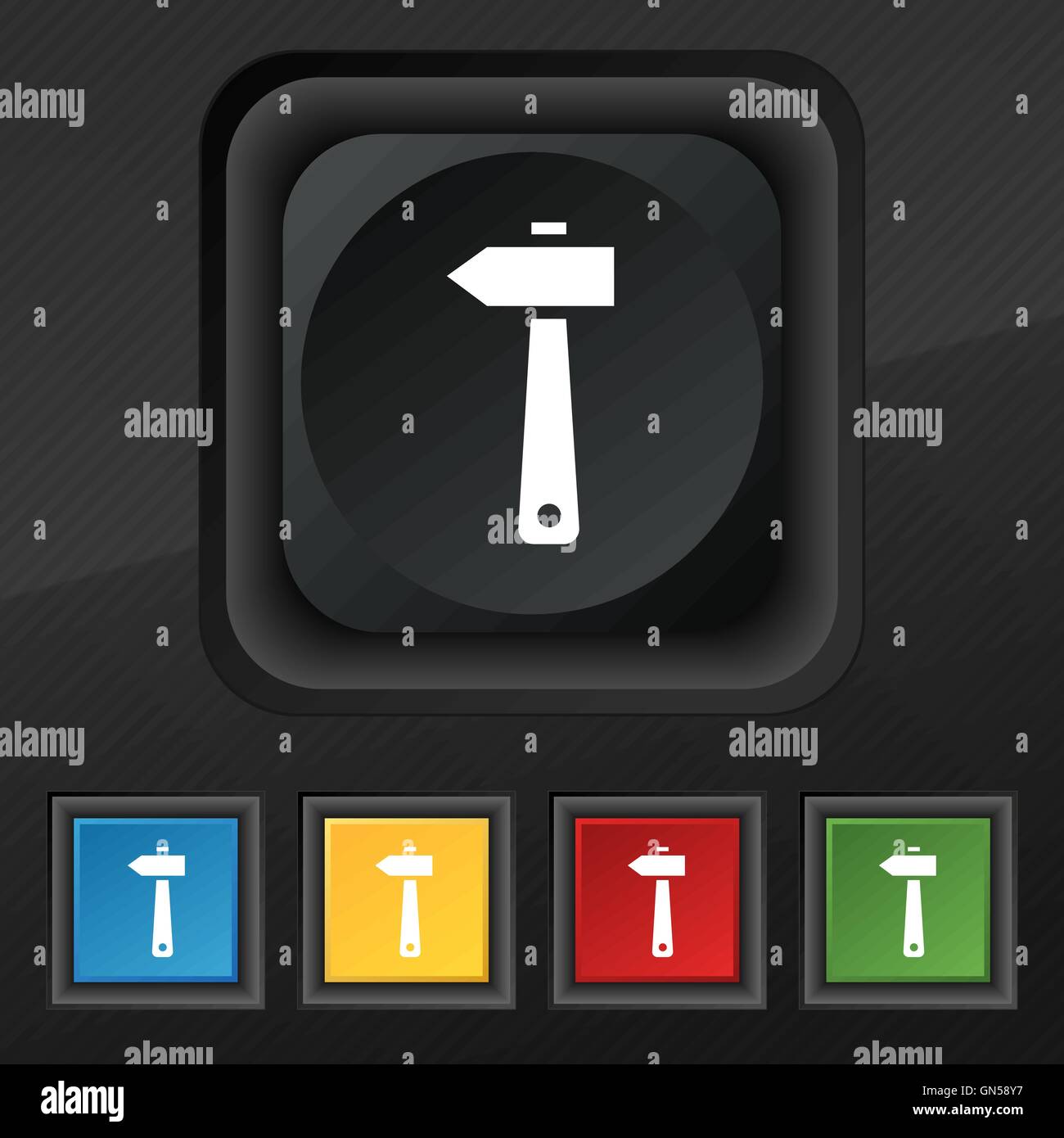 hammer icon symbol. Set of five colorful, stylish buttons on black ...