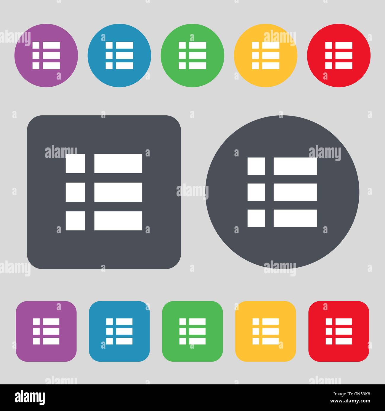List menu, app icon sign. A set of 12 colored buttons. Flat design ...
