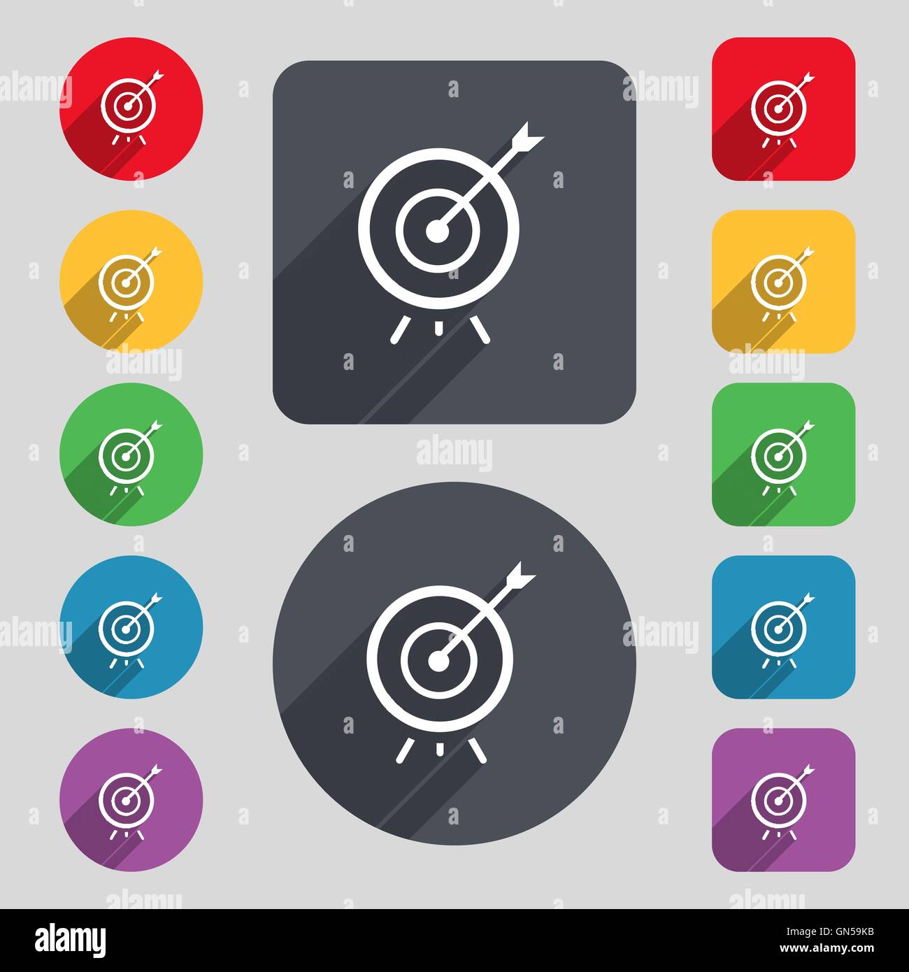 Target icon sign. A set of 12 colored buttons and a long shadow. Flat ...