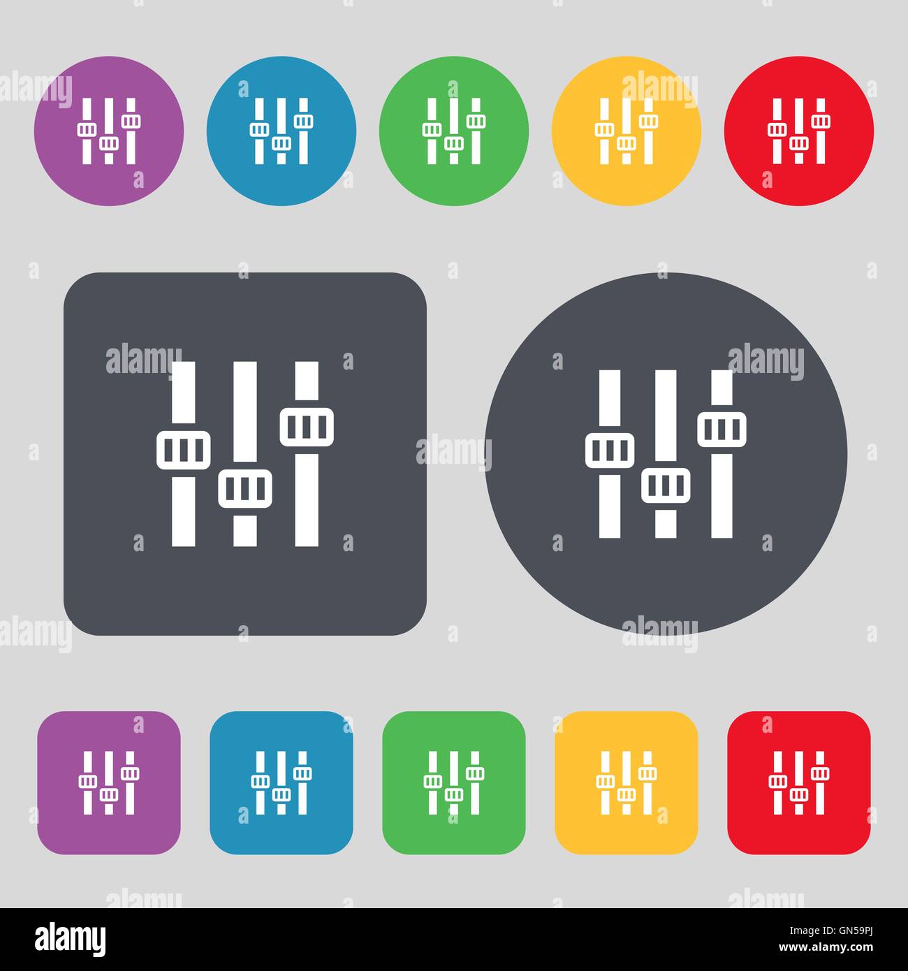 Equalizer icon sign. A set of 12 colored buttons. Flat design. Vector ...