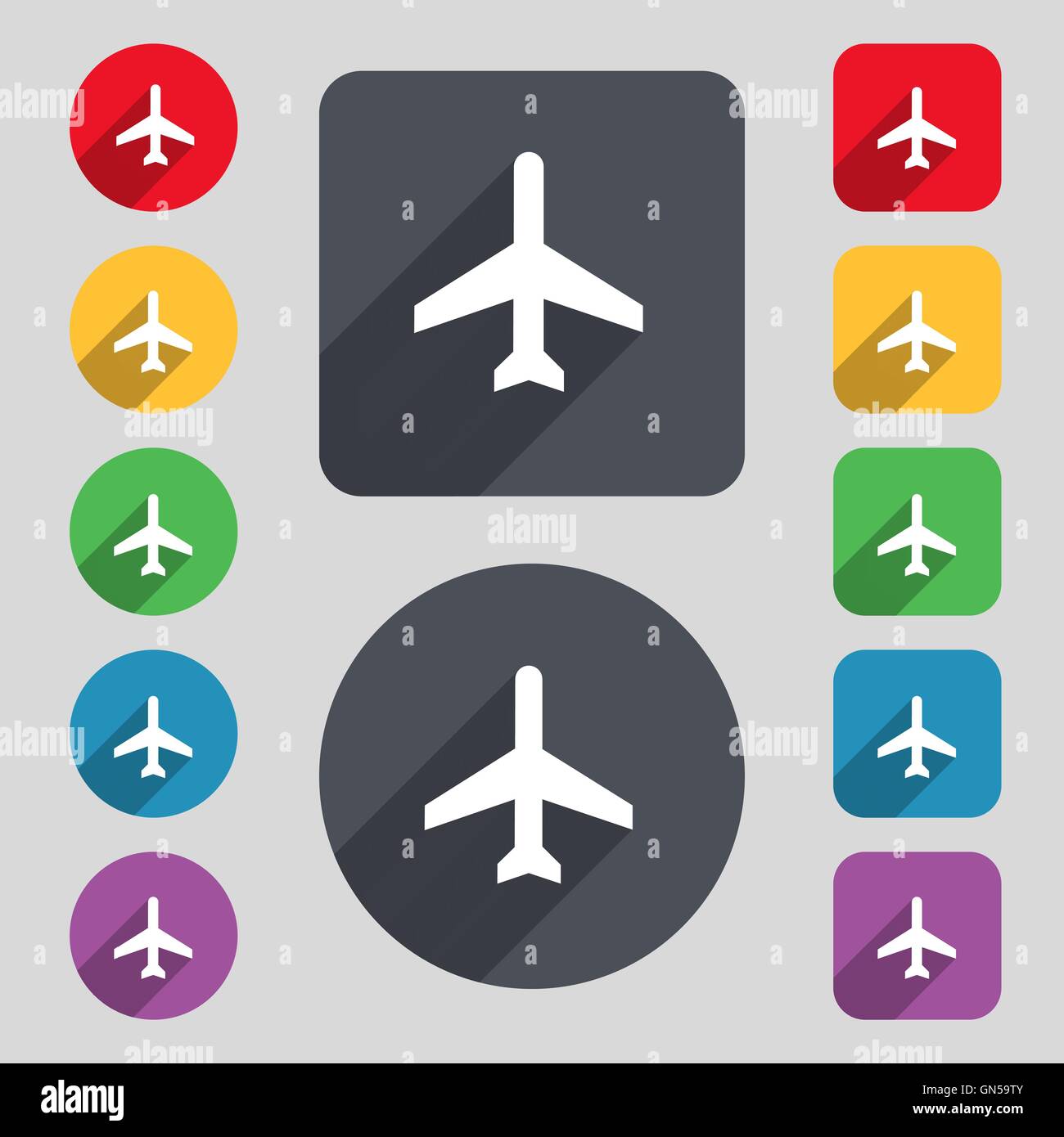 Plane icon sign. A set of 12 colored buttons and a long shadow. Flat ...