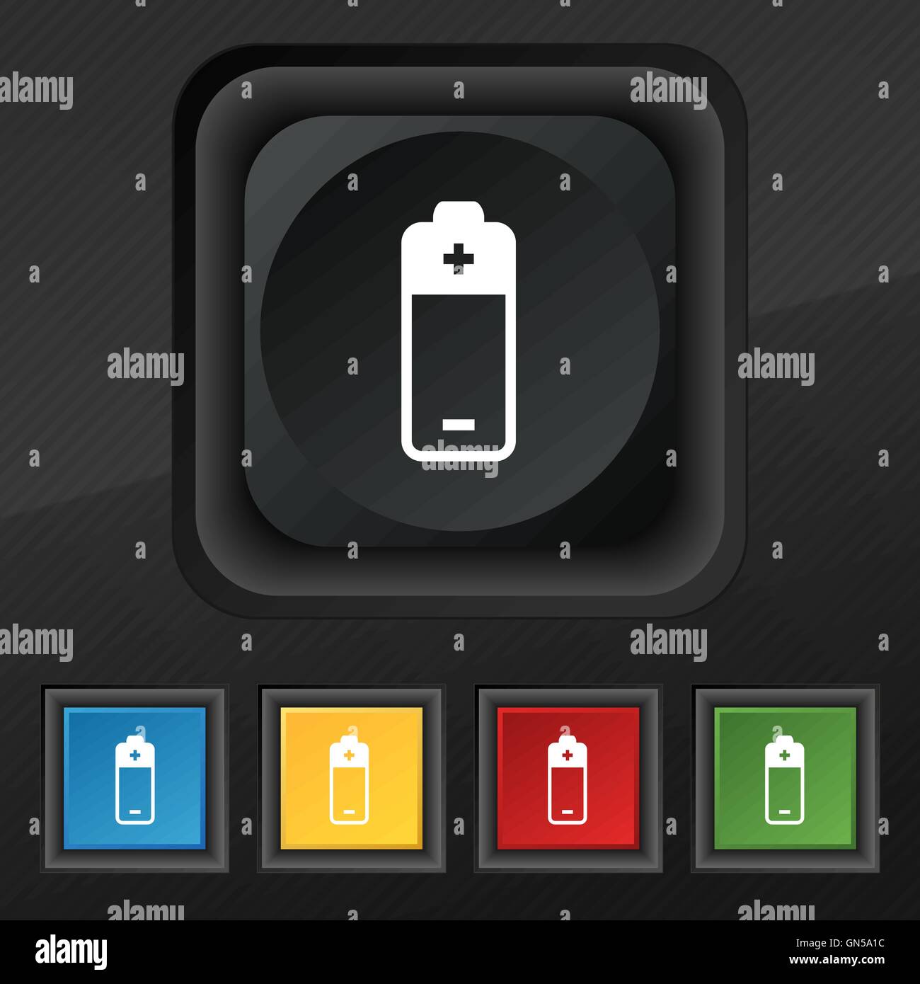 battery icon symbol. Set of five colorful, stylish buttons on black ...