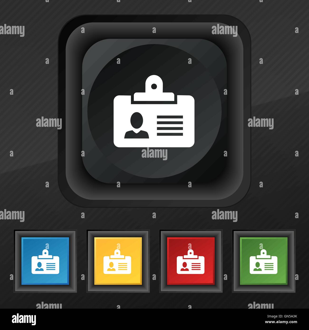 Identification card icon symbol. Set of five colorful, stylish buttons ...