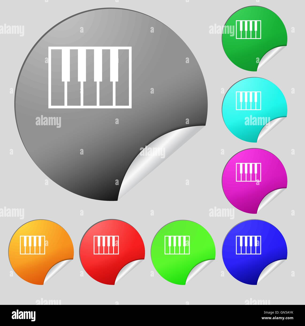 piano key icon sign. Set of eight multi colored round buttons, stickers ...