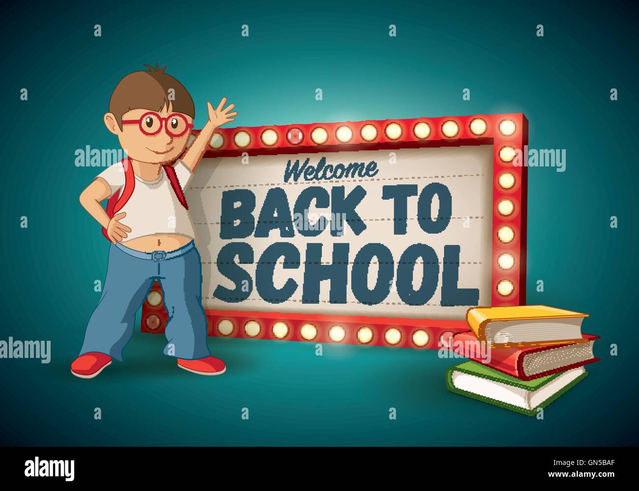 Retro welcome back to school light sign, little kid and book stack ...