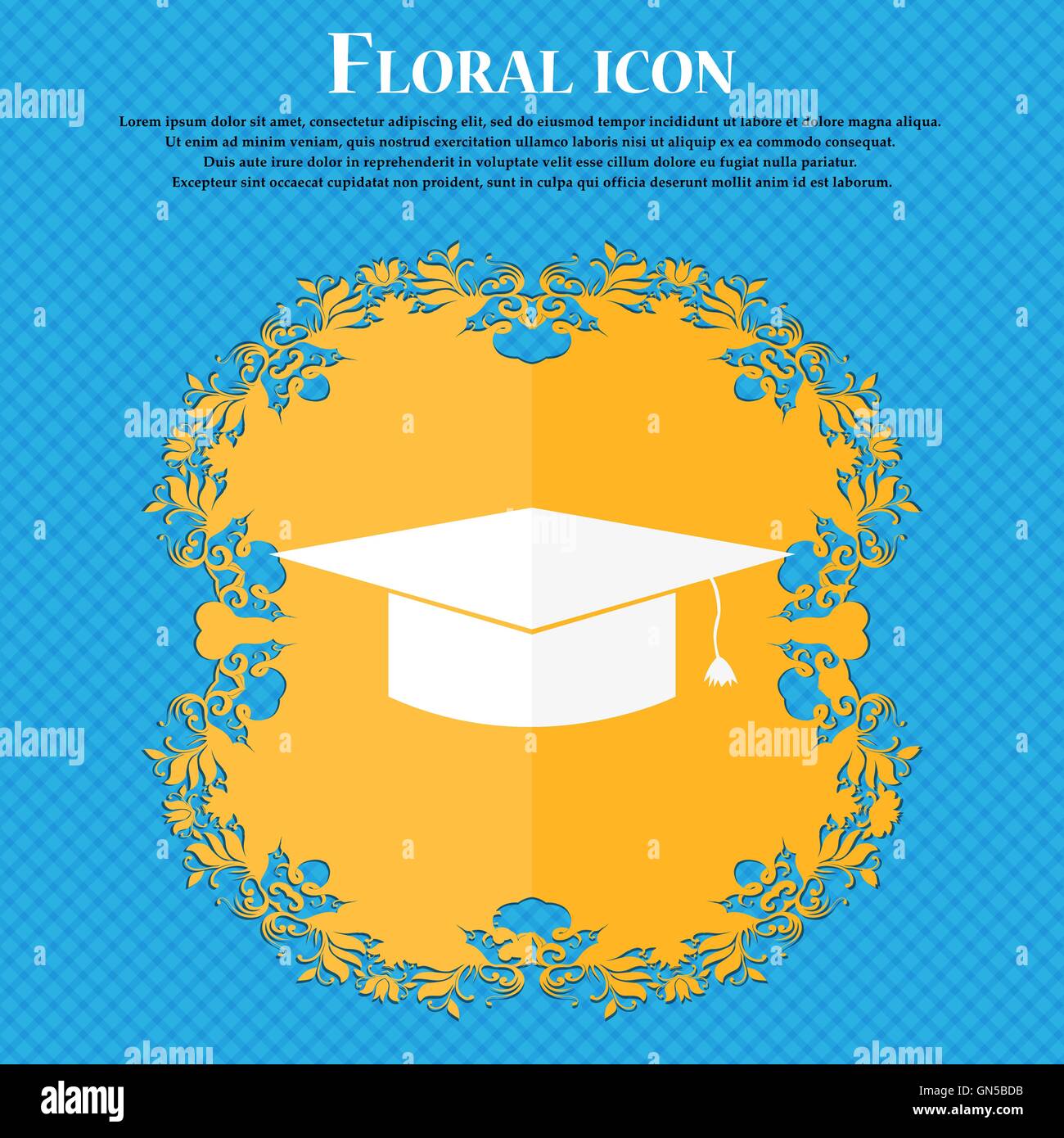 Graduation cap icon. Floral flat design on a blue abstract background ...