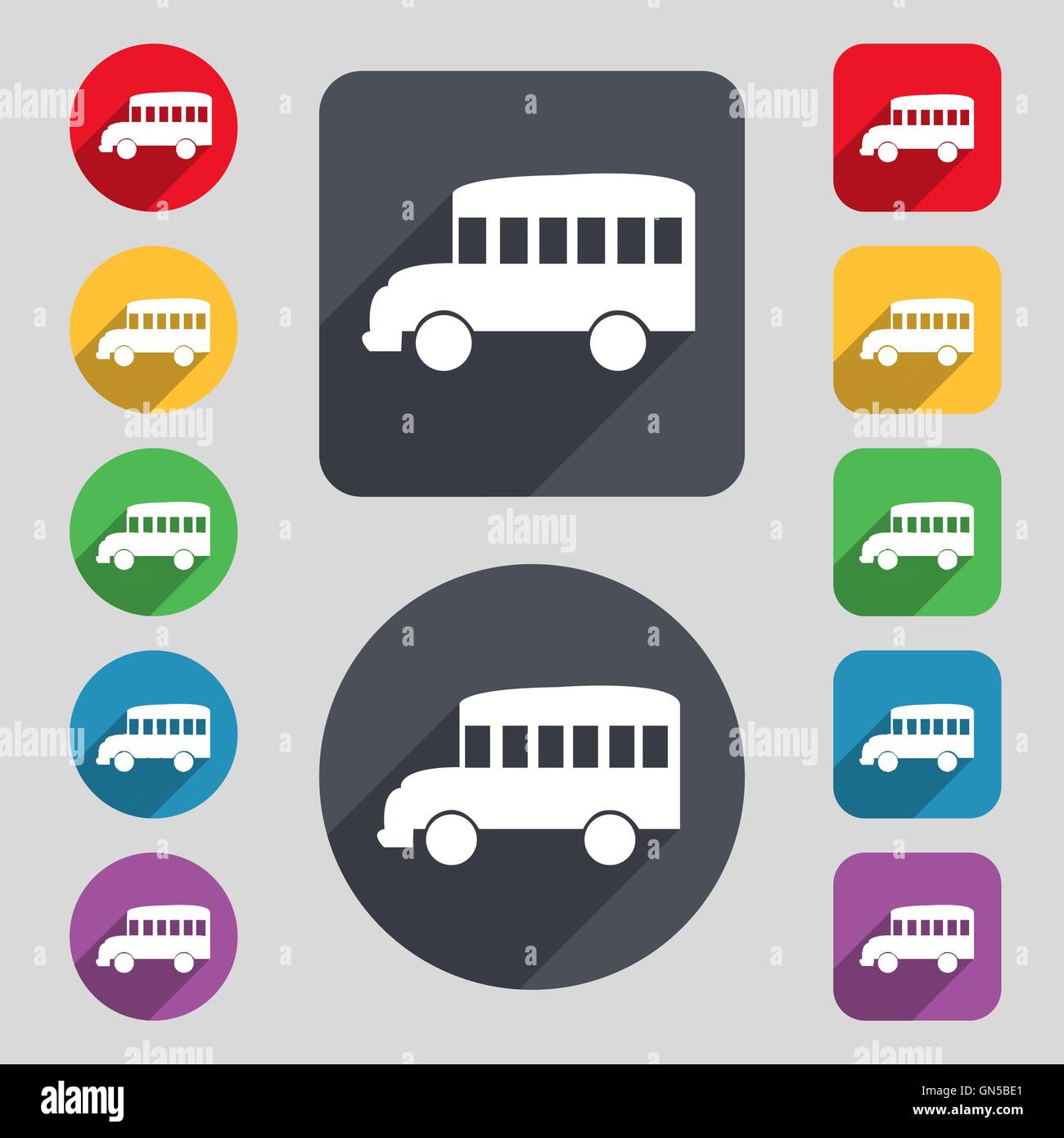 Bus icon sign. A set of 12 colored buttons and a long shadow. Flat ...