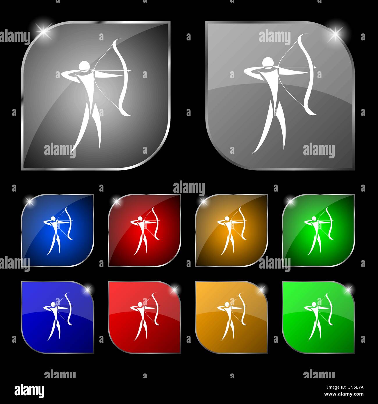 Archery icon sign. Set of ten colorful buttons with glare. Vector Stock ...