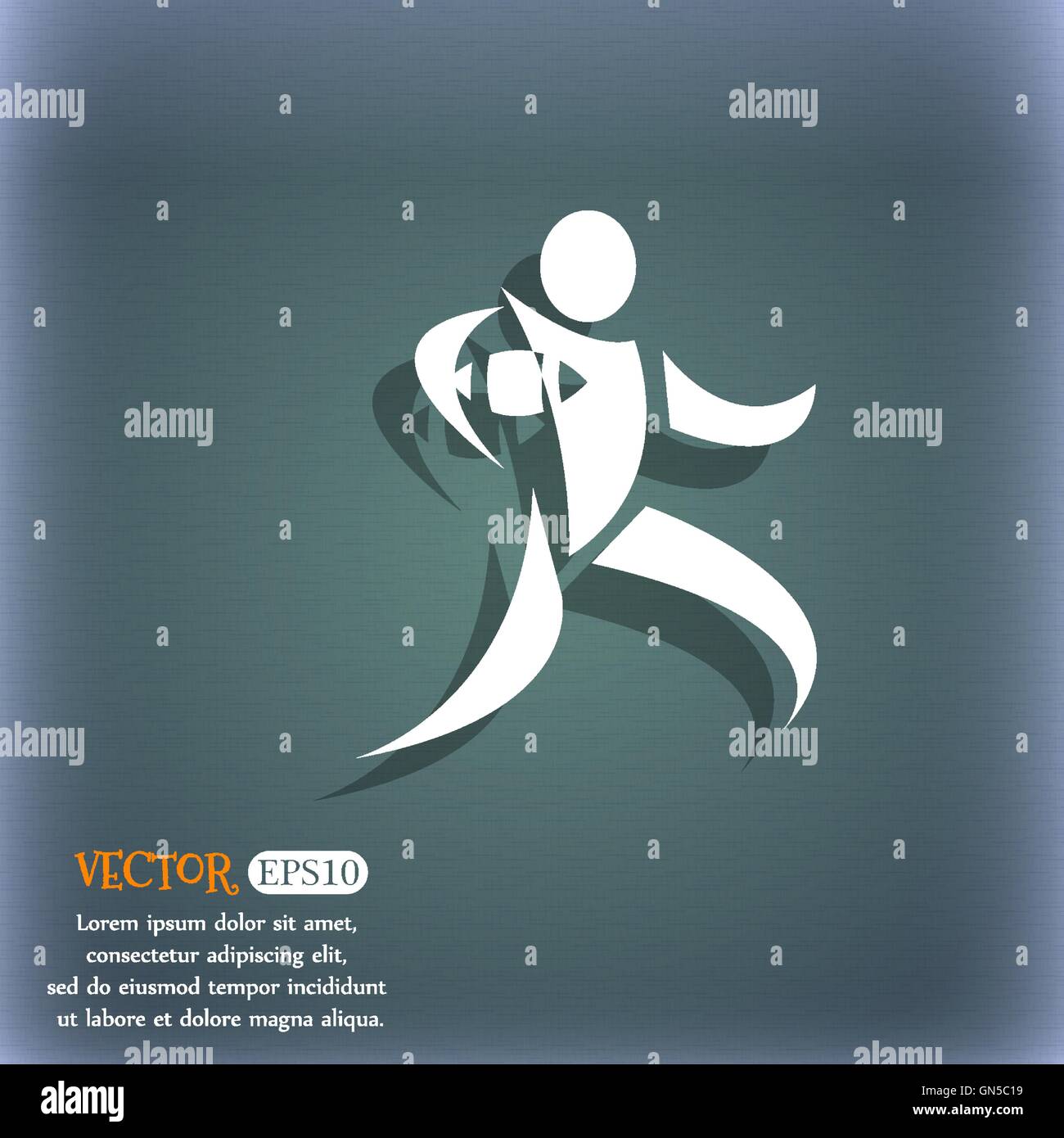 Rugby player running with ball icon. On the blue-green abstract ...