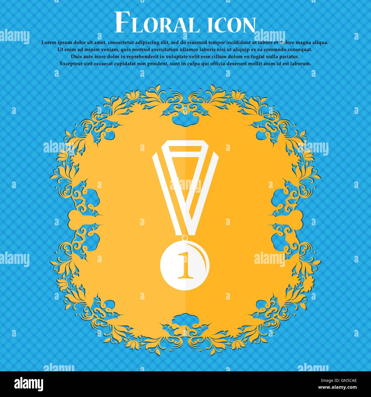 the medal for first place icon. Floral flat design on a blue abstract ...