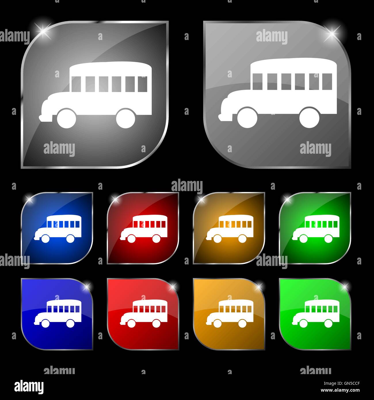 Bus icon sign. Set of ten colorful buttons with glare. Vector Stock ...