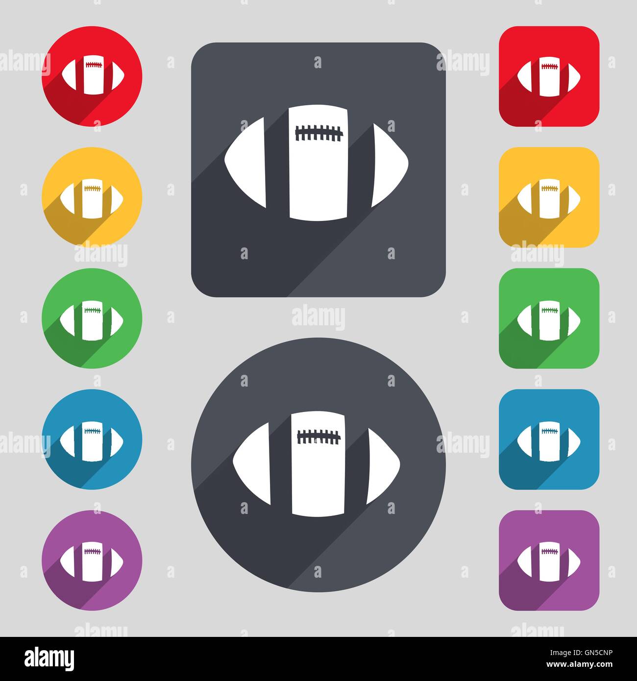 rugby ball icon sign. A set of 12 colored buttons and a long shadow ...