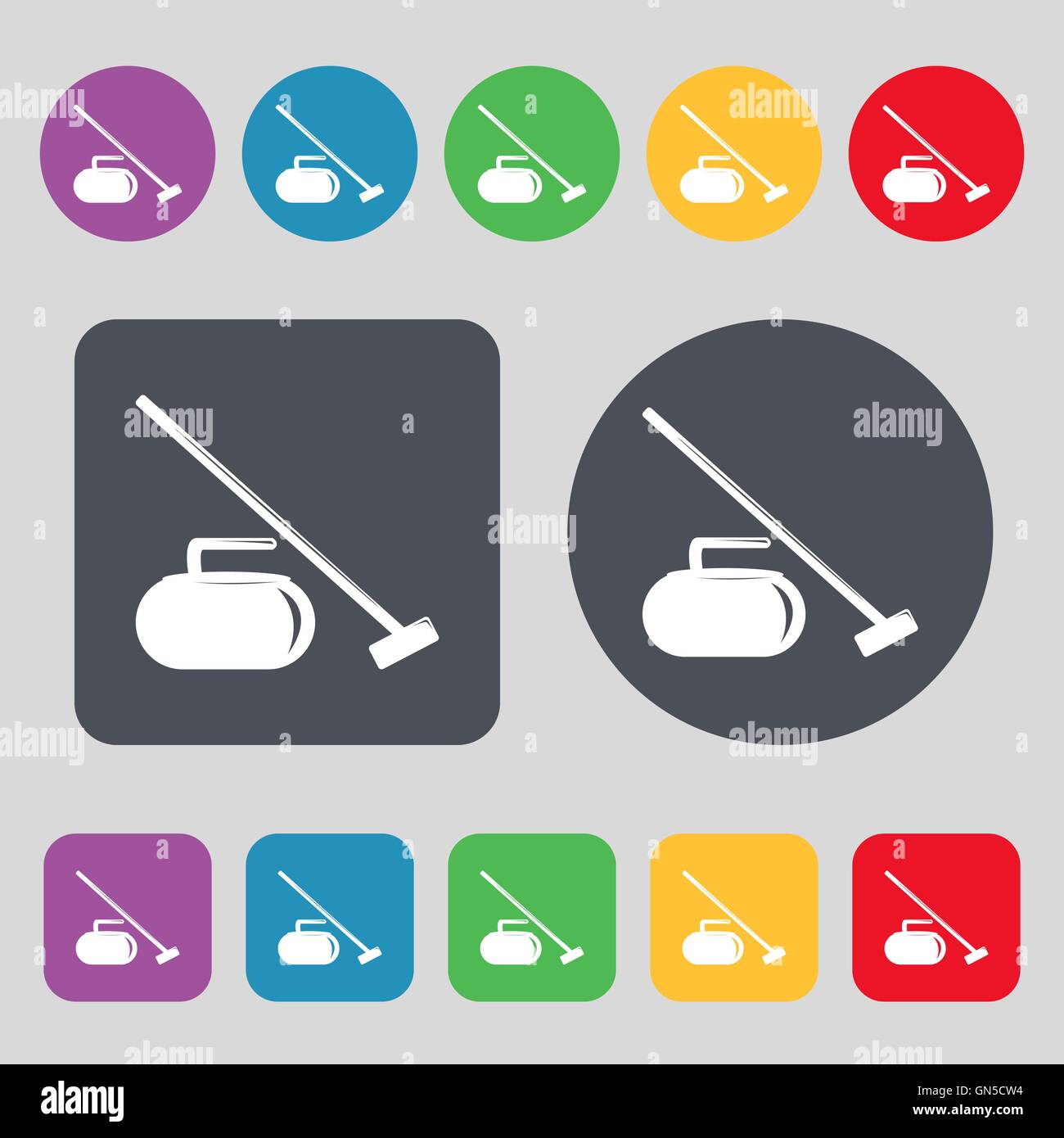 The stone for curling icon sign. A set of 12 colored buttons. Flat ...