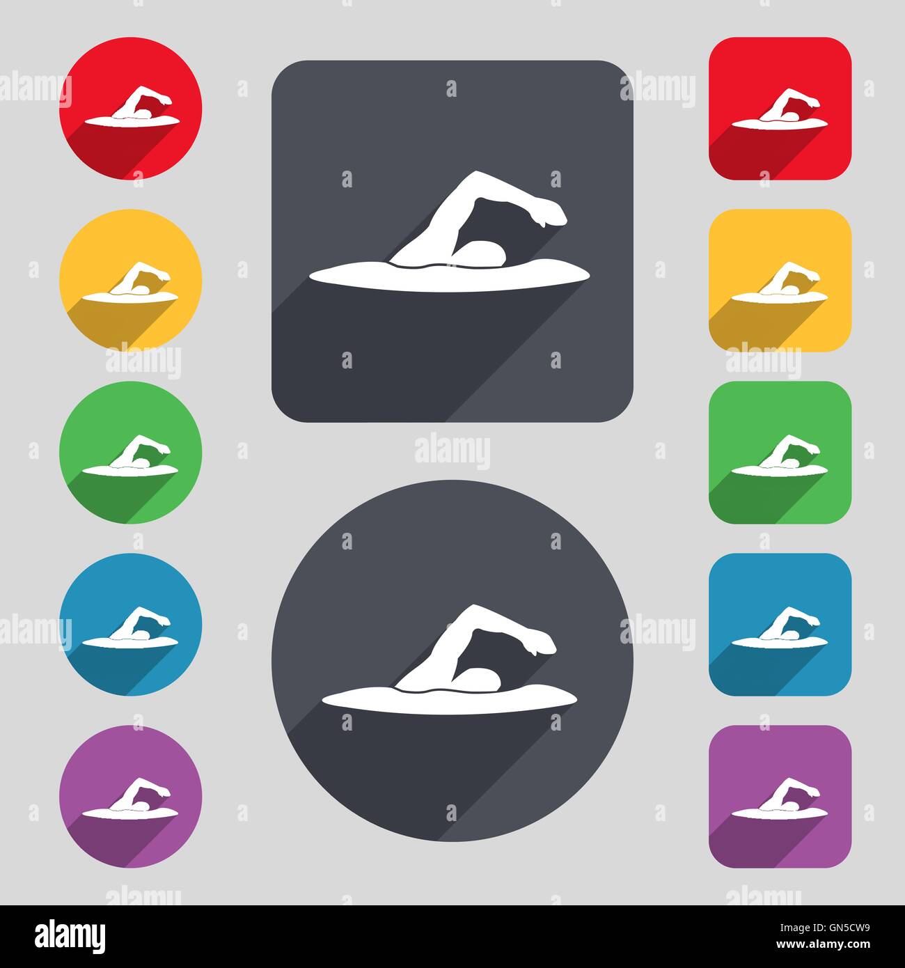 swimmer icon sign. A set of 12 colored buttons and a long shadow. Flat ...