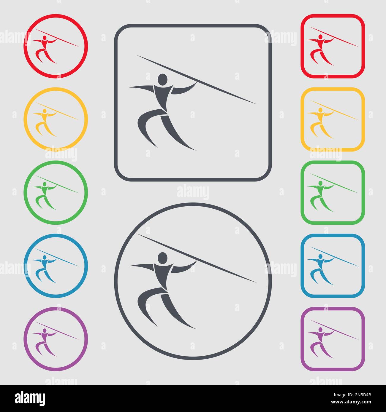 Summer sports, Javelin throw icon sign. symbol on the Round and square ...