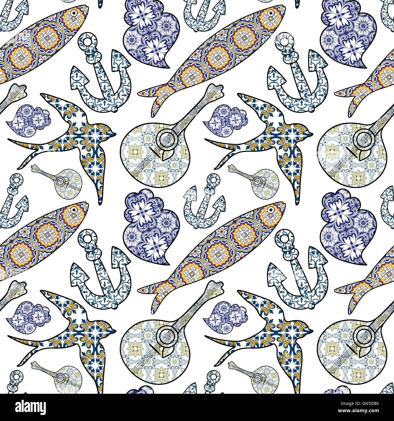Collection of traditional Portuguese icons in seamless pattern Stock ...
