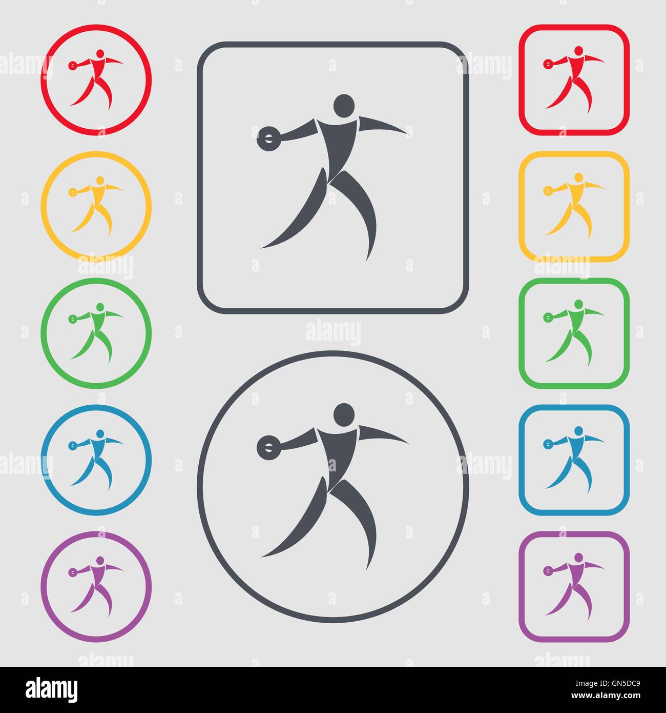 Discus thrower icon sign. symbol on the Round and square buttons with ...