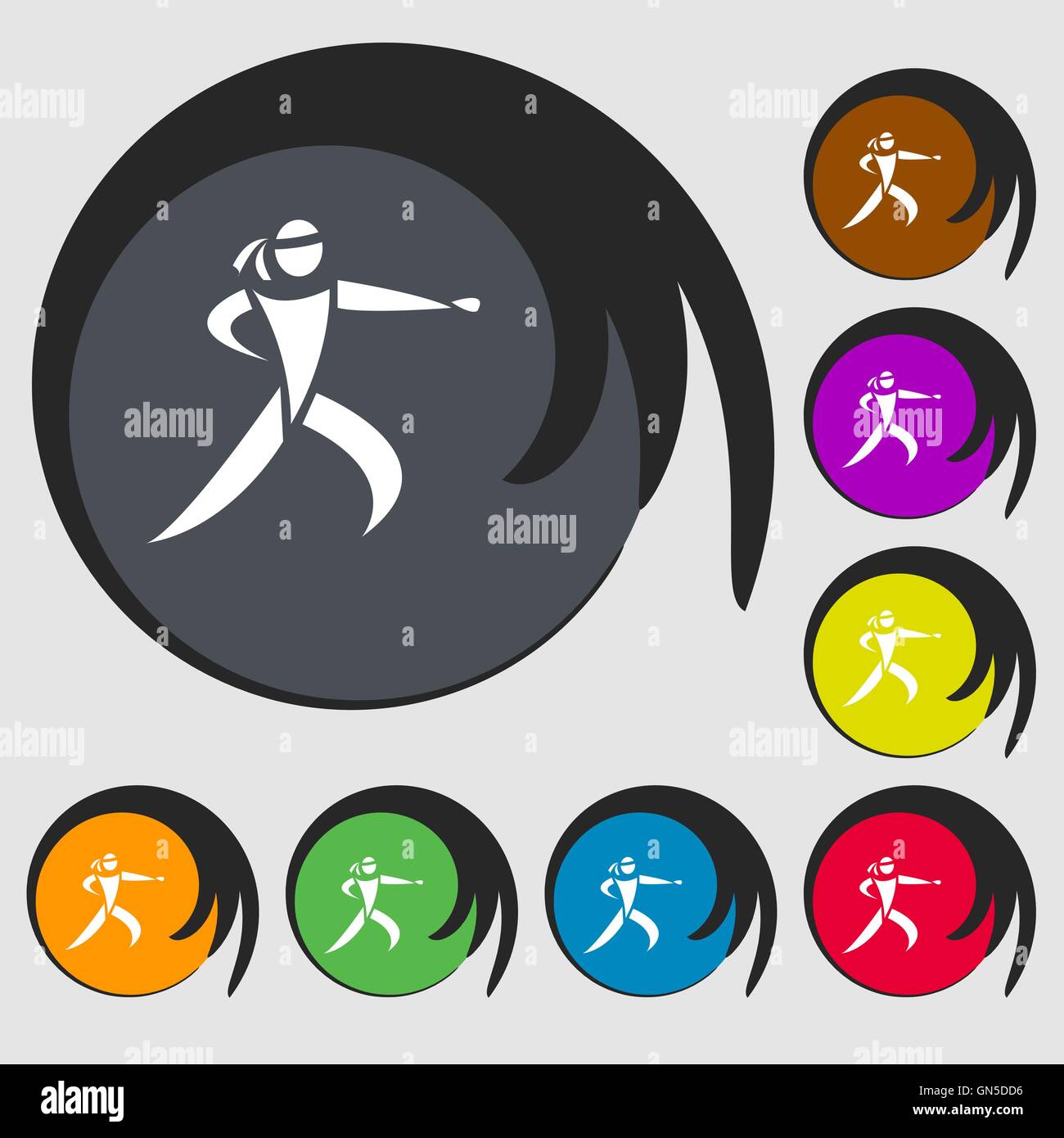 Karate kick icon. Symbols on eight colored buttons. Vector Stock Vector ...