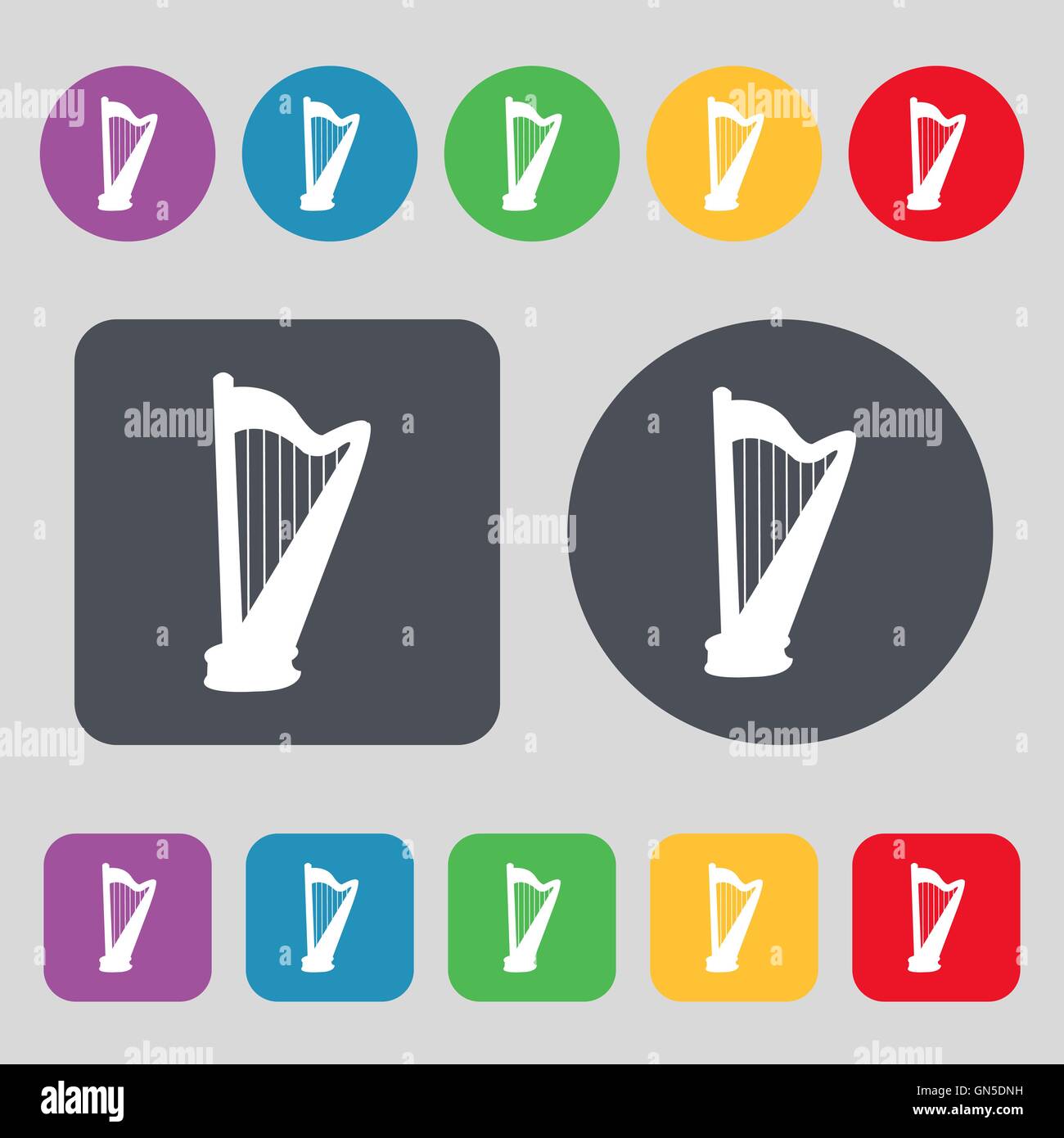 harp icon sign. A set of 12 colored buttons. Flat design. Vector Stock ...