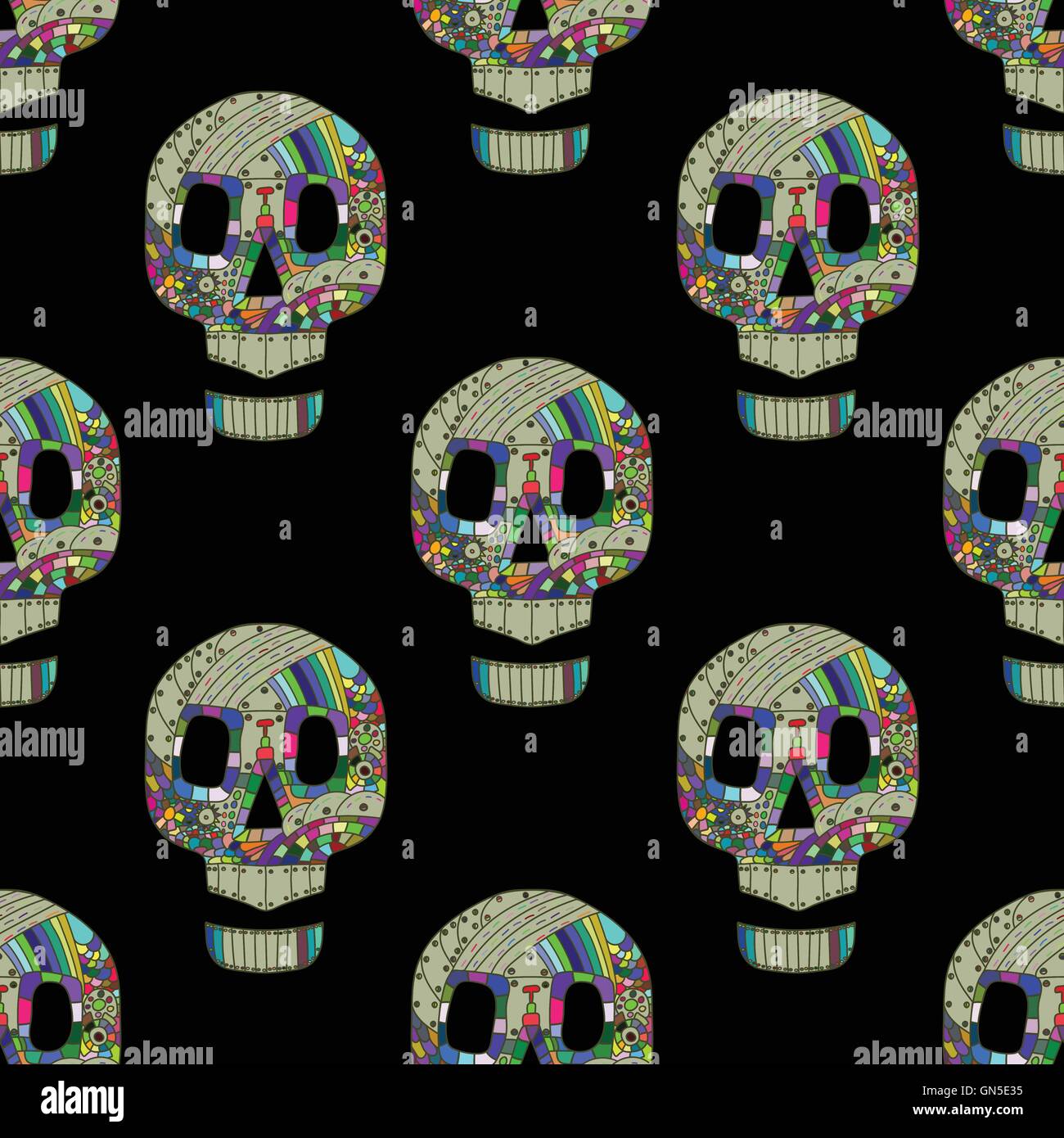 Colorful skulls on black background - seamless pattern Stock Vector ...