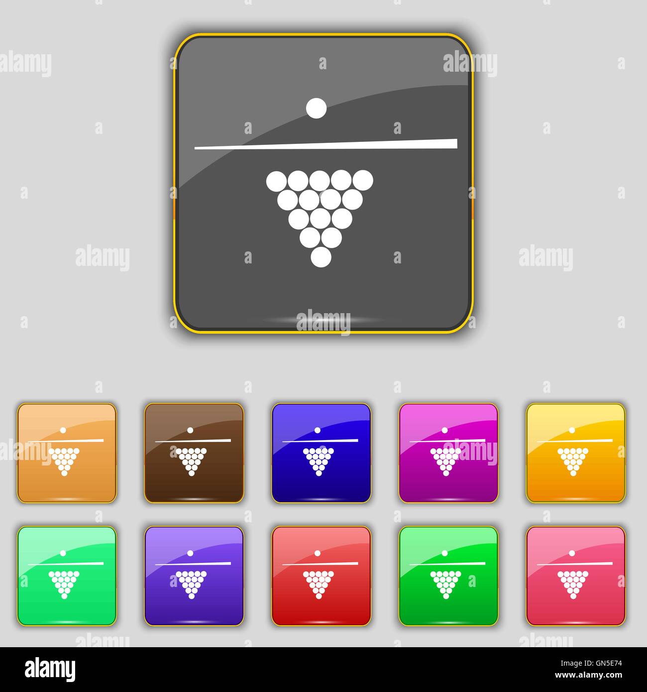 Billiard pool game equipment icon sign. Set with eleven colored buttons ...