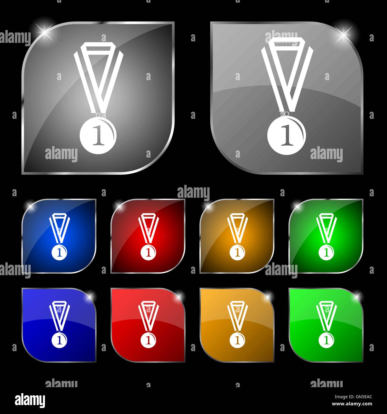 the medal for first place icon sign. Set of ten colorful buttons with ...