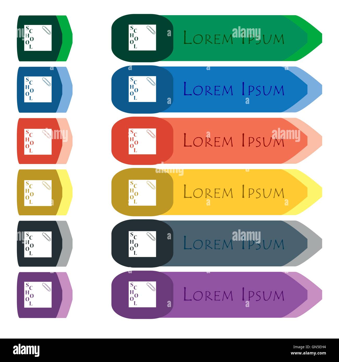 reminder sticker, note icon sign. Set of colorful, bright long buttons ...