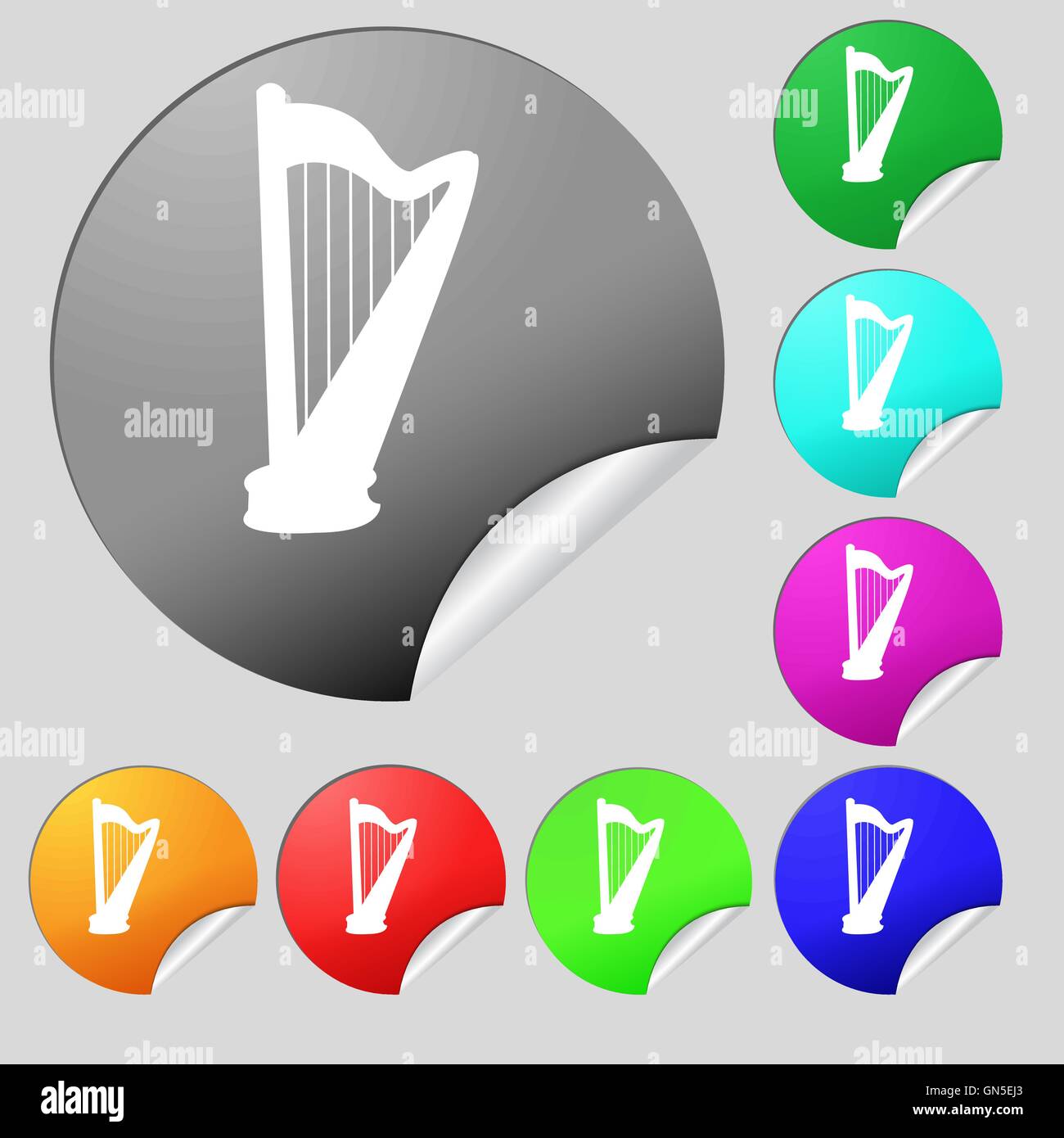 harp icon sign. Set of eight multi colored round buttons, stickers ...