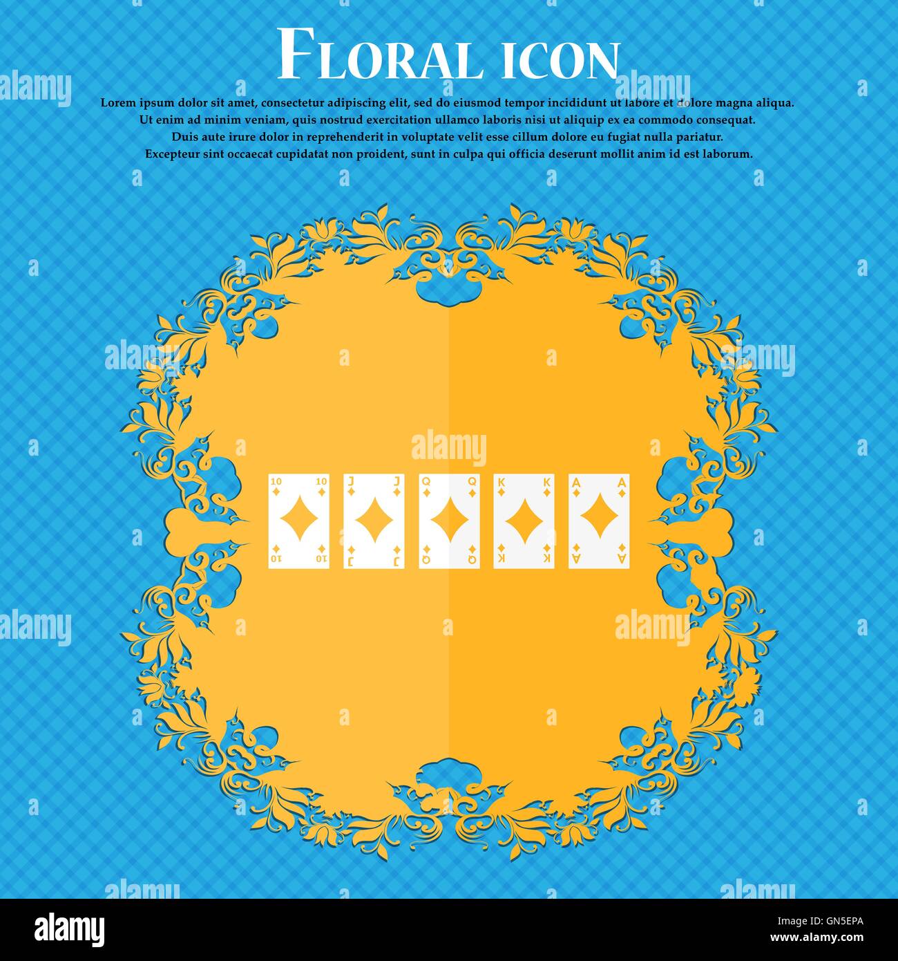 A royal straight flush playing cards poker hand in hearts icon. Floral ...