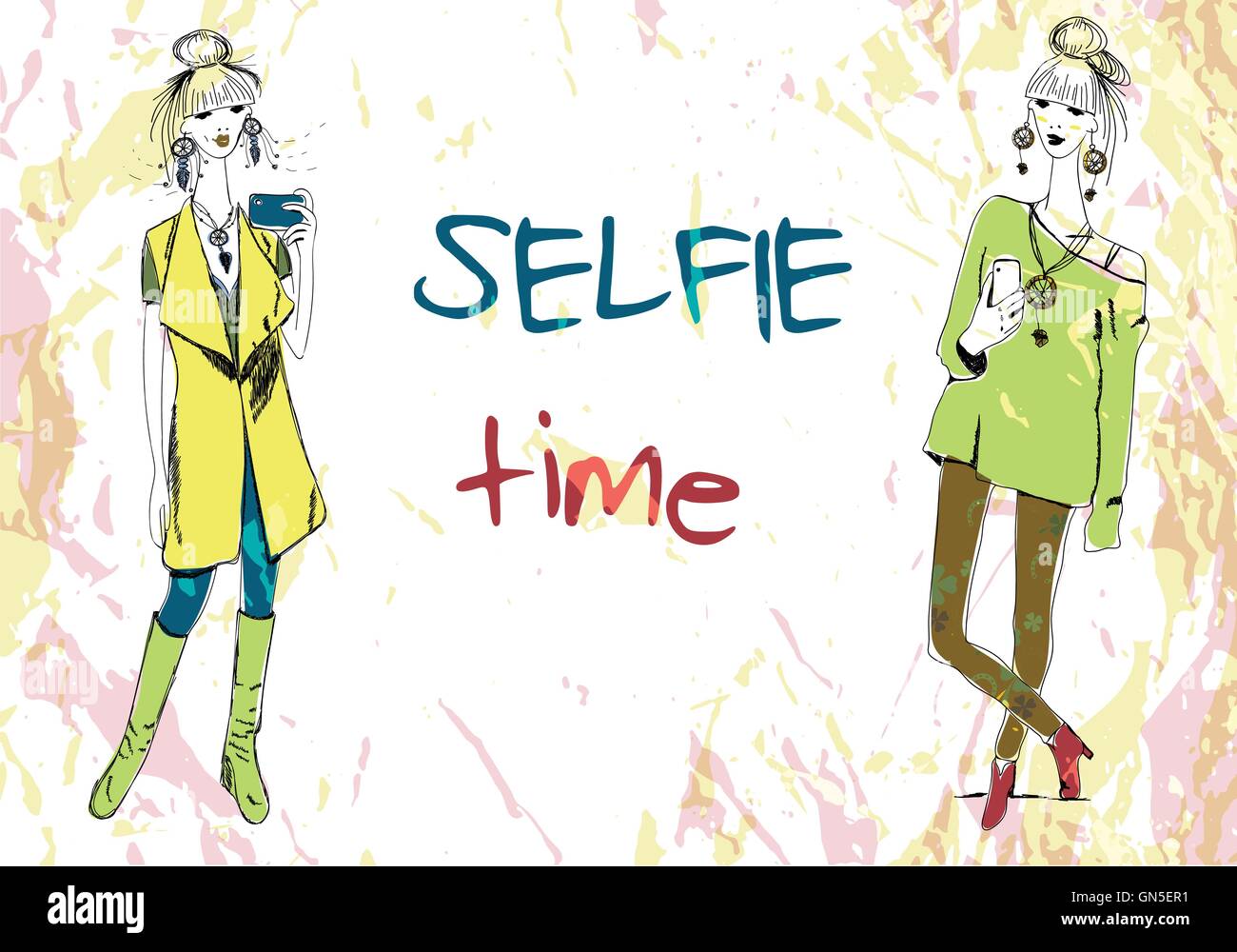 Set of two young fashion women in boho style with phone doing selfie ...