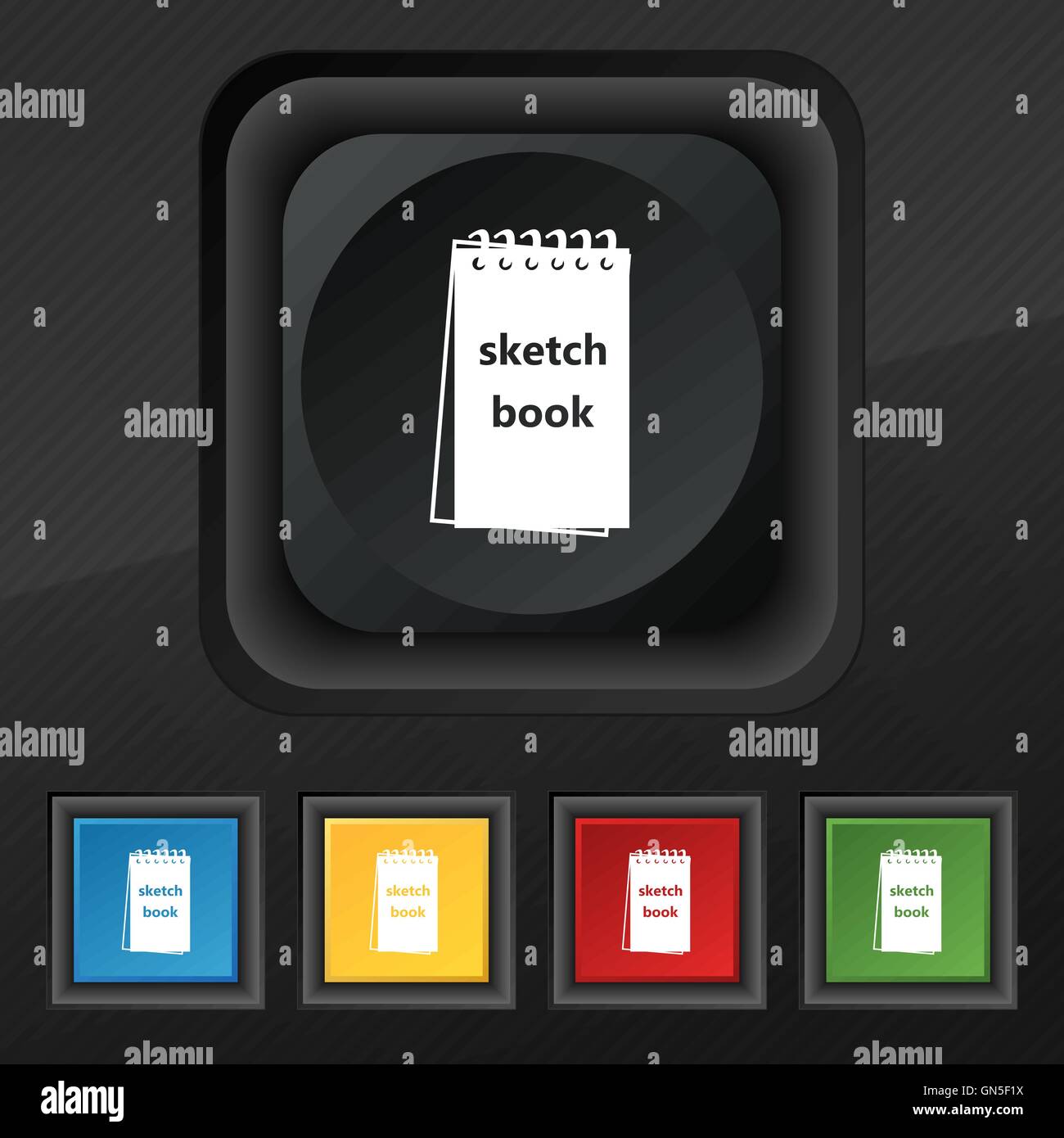 Sketchbook icon symbol. Set of five colorful, stylish buttons on black ...