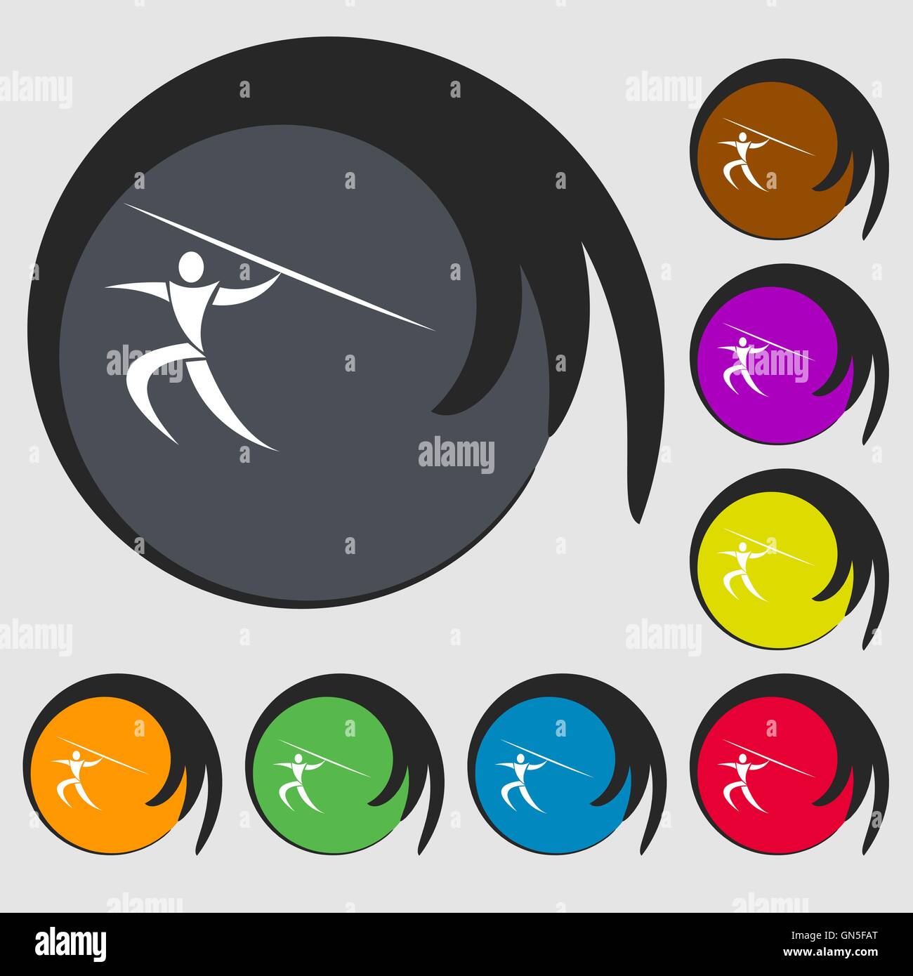 Summer sports, Javelin throw icon. Symbols on eight colored buttons ...
