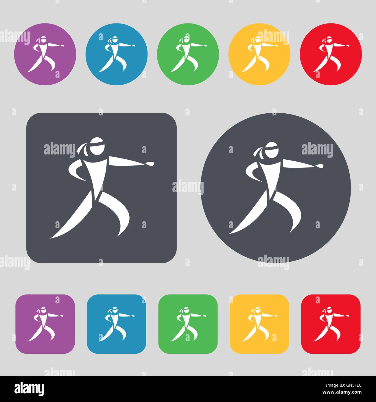 Karate kick icon sign. A set of 12 colored buttons. Flat design. Vector ...
