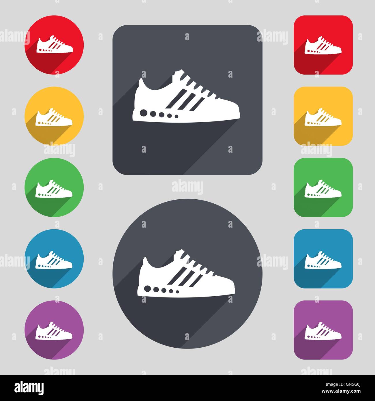 Sneakers icon sign. A set of 12 colored buttons and a long shadow. Flat ...