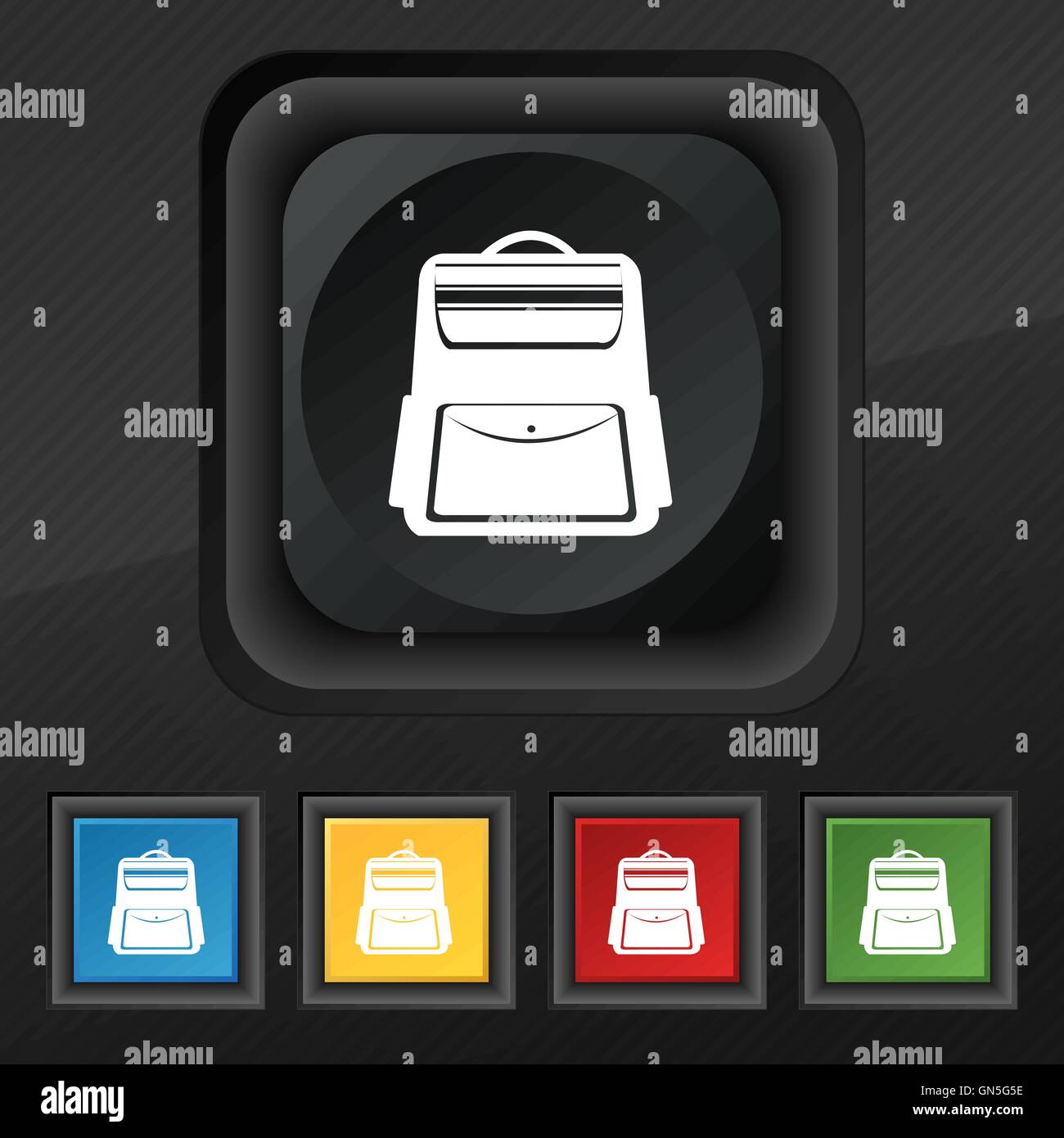 School Backpack icon symbol. Set of five colorful, stylish buttons on ...