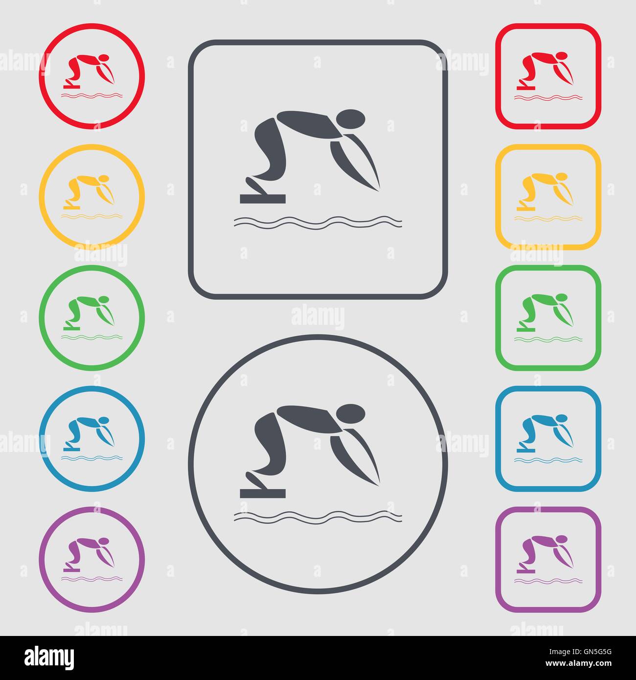 Summer sports, diving icon sign. symbol on the Round and square buttons ...