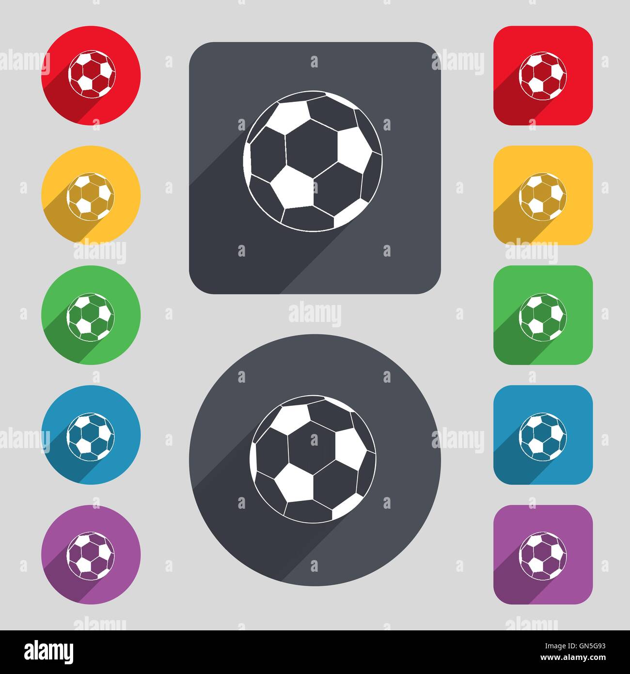 football icon sign. A set of 12 colored buttons and a long shadow. Flat ...