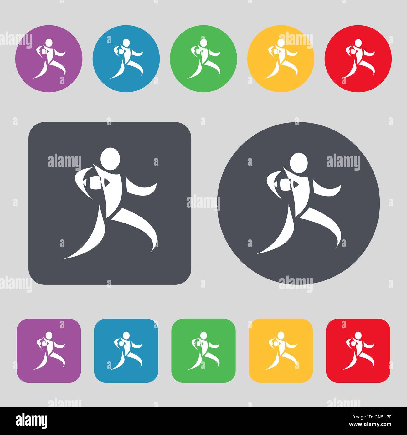 Rugby player running with ball icon sign. A set of 12 colored buttons ...